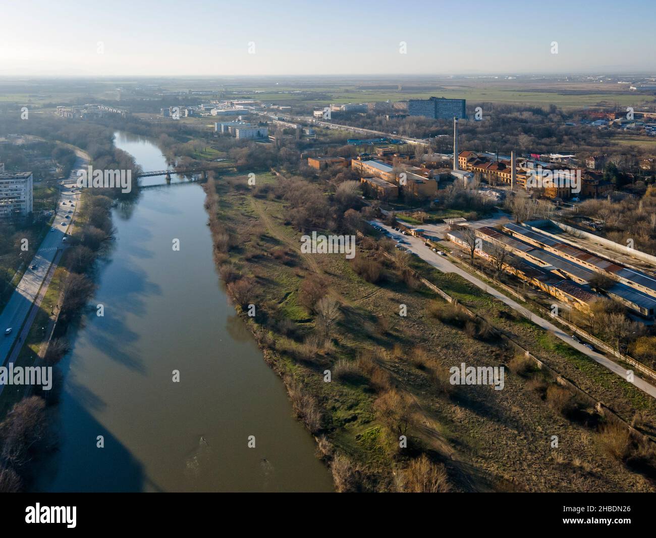 Amazing Aerial view of Maritsa river and panorama to City of Plovdiv ...