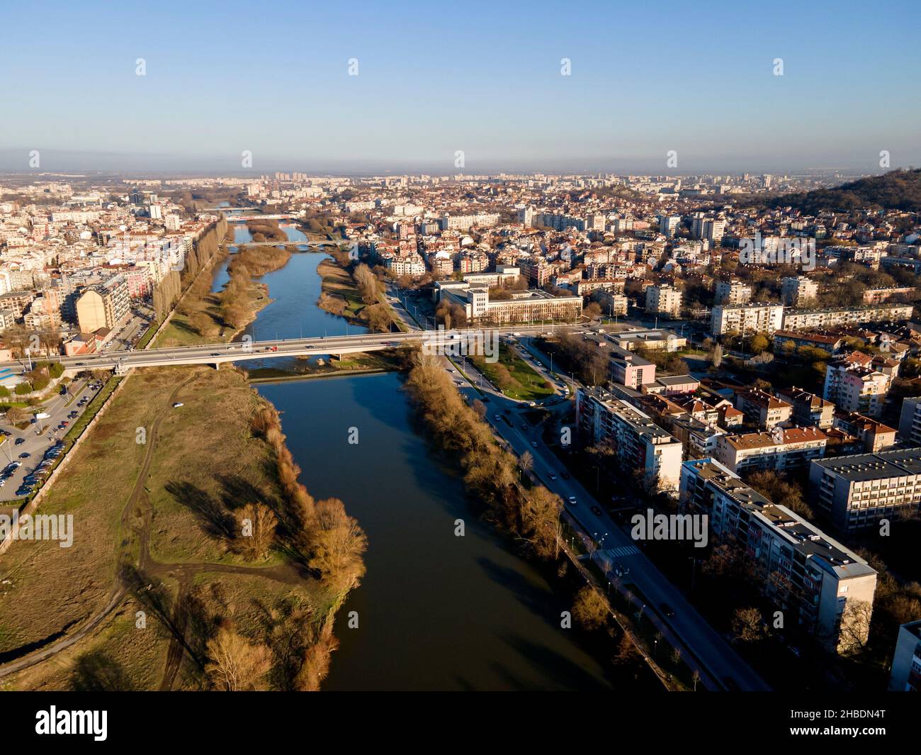 Amazing Aerial view of Maritsa river and panorama to City of Plovdiv ...