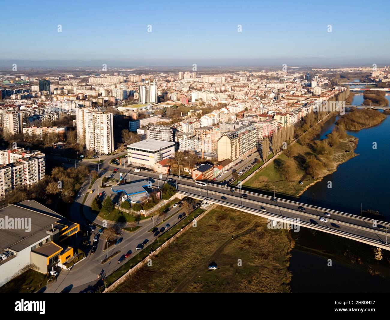 Amazing Aerial view of Maritsa river and panorama to City of Plovdiv ...