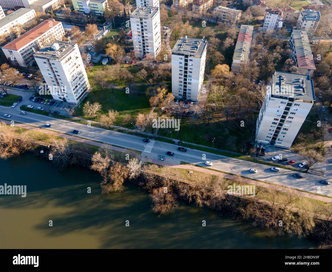 Amazing Aerial view of Maritsa river and panorama to City of Plovdiv ...