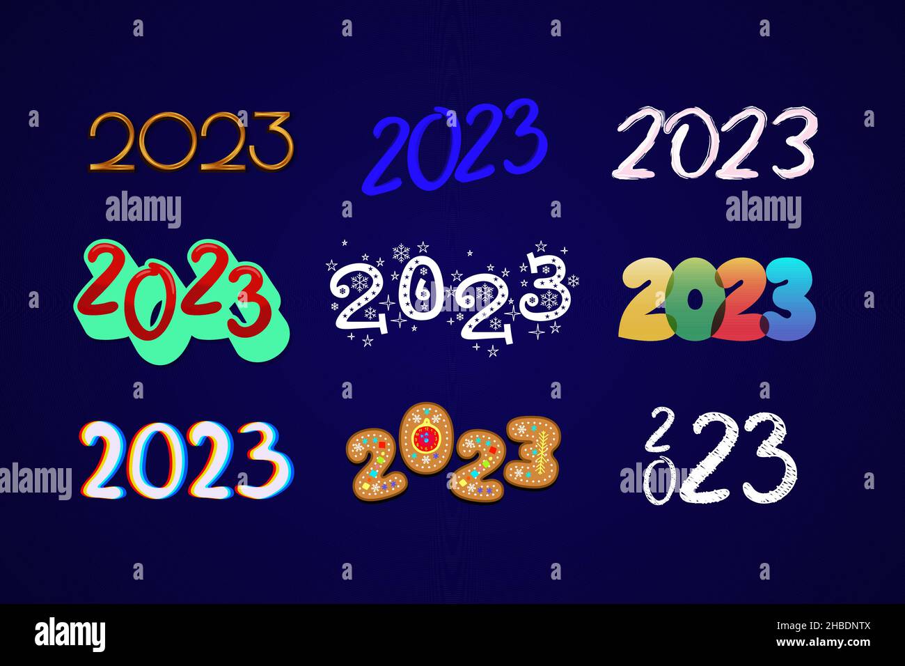 Bright 2023 numbers set on navy blue background, icons template for New ...