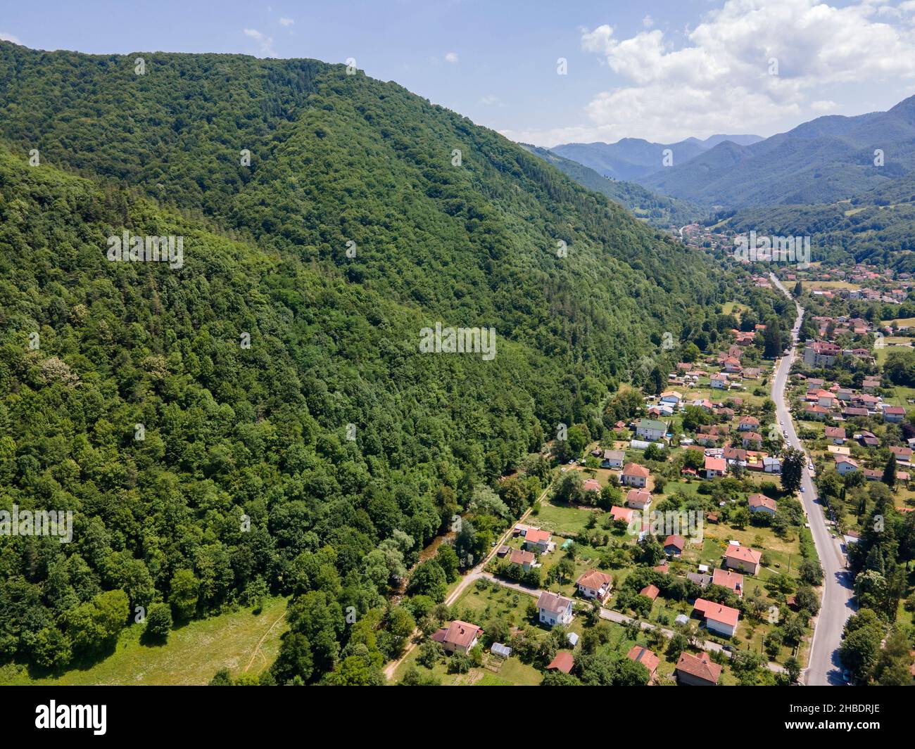 Aerial view of resort village of Ribaritsa at Balkan Mountains, Lovech ...