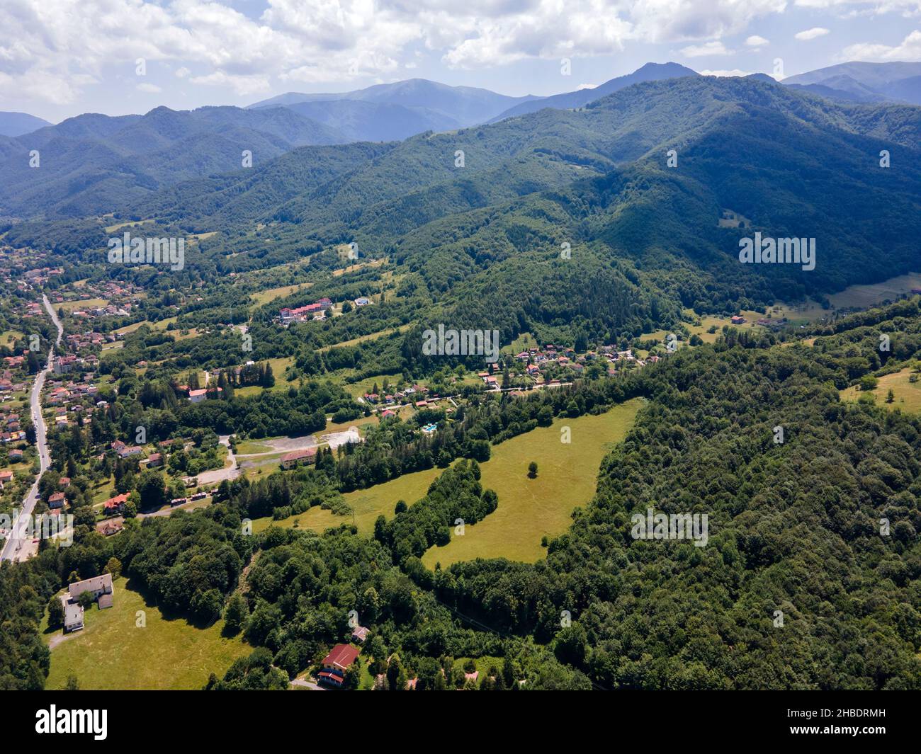 Aerial view of resort village of Ribaritsa at Balkan Mountains, Lovech ...