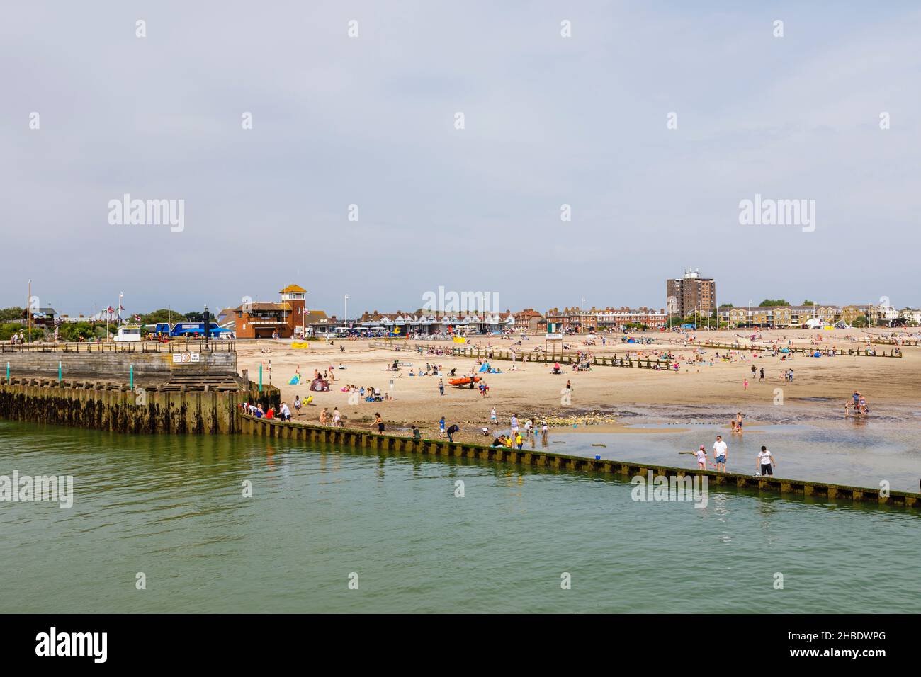 Panoramic view across the River Arun estuary of East Beach ...