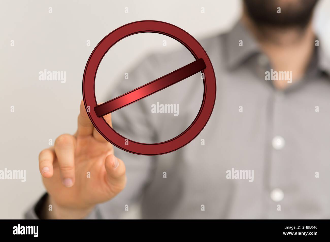 A person touching the 3D rendering of the red prohibition sign Stock ...