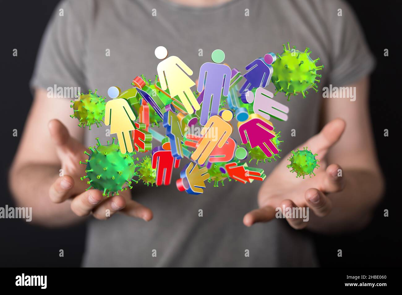 A 3D rendering of human figures surrounded by virus particles on a man ...