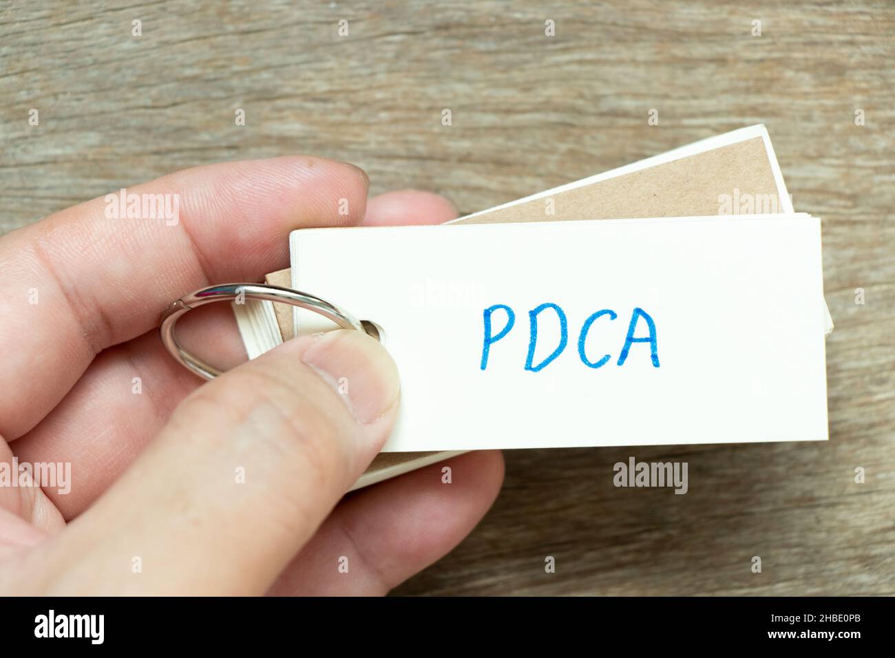 Man hold the flash card with handwriting word PDCA (Abbreviation of ...