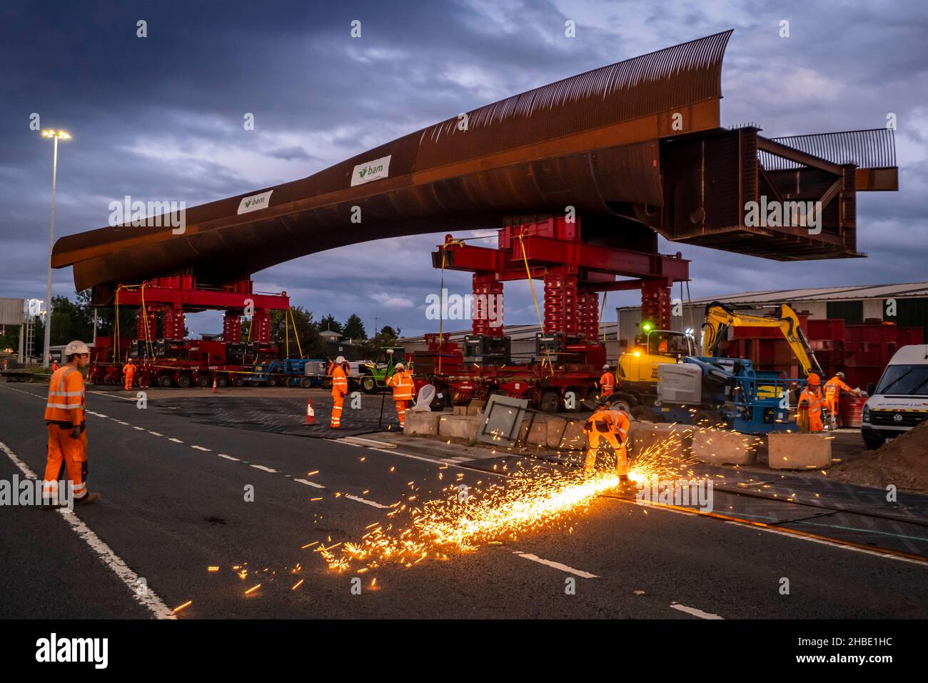 New Bridge being constructed and installed over M8 in Glasgow at night ...