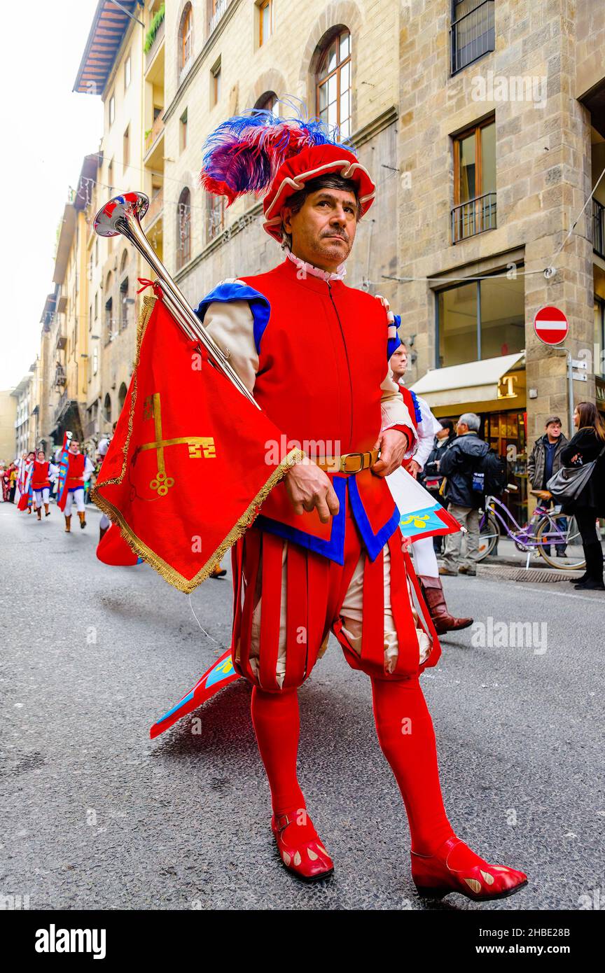 Florence, Italy - January 6, 2013: Flag throwing and waving parade as ...