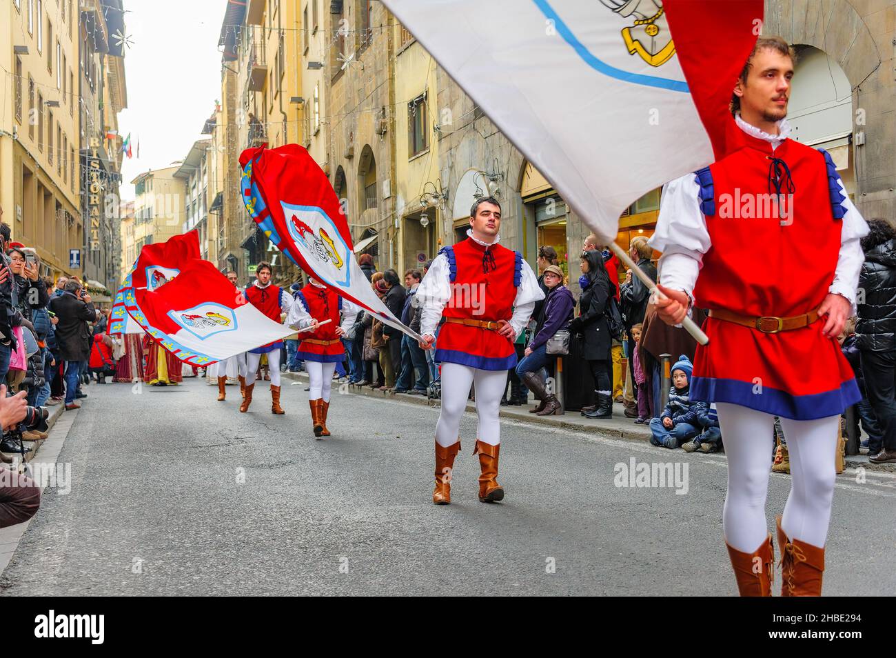 Florence, Italy - January 6, 2013: Flag throwing and waving parade as ...