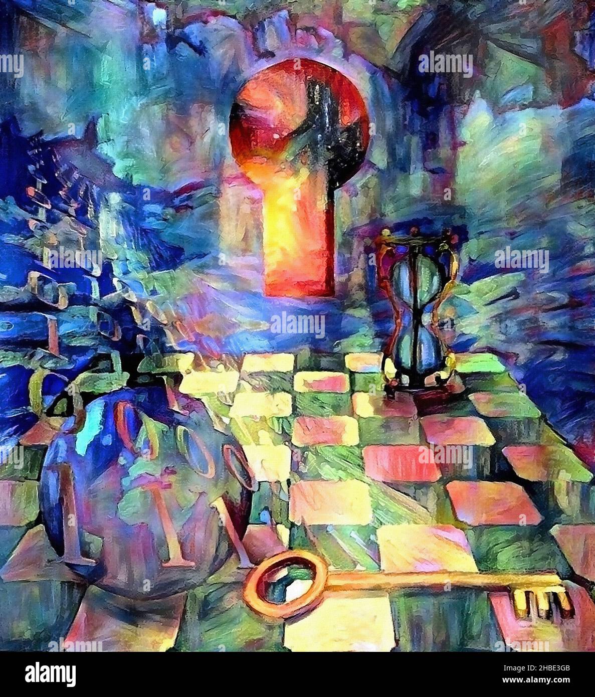 Abstract painting in vivid colors. Binary Code, Key. Bright light comes ...