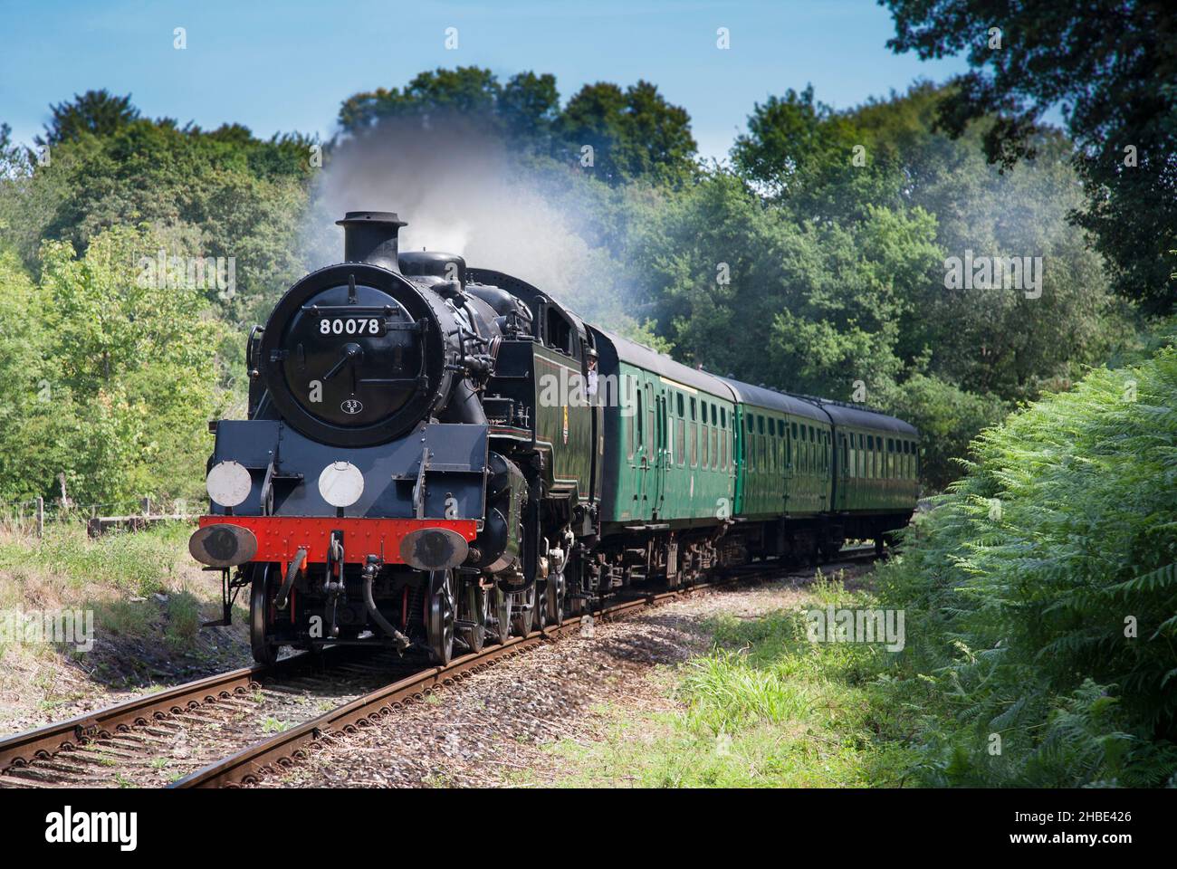 Class 4MT Standard Tank 80078 heads a train on the Spa Valley Railway ...