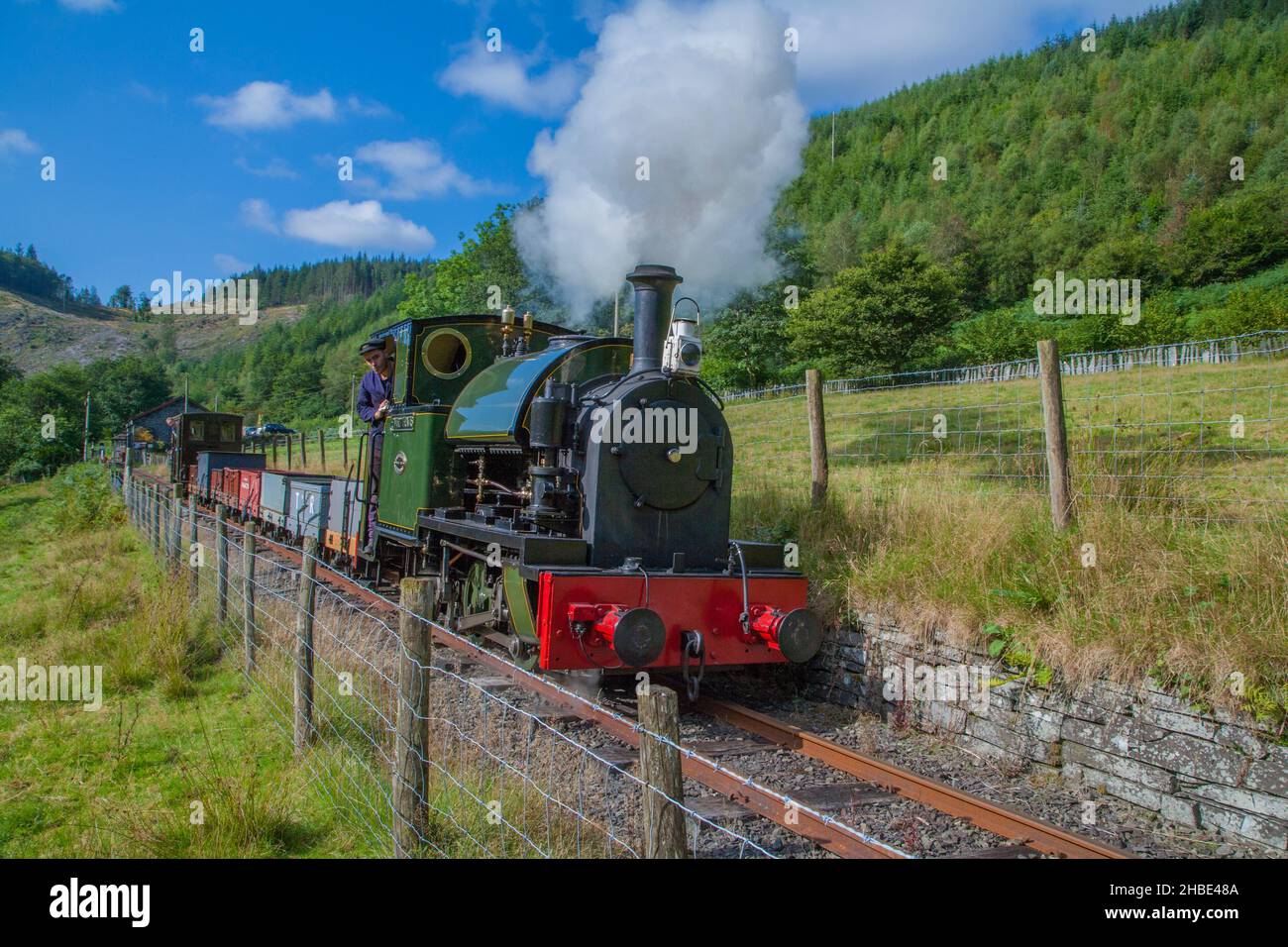 Loco No 4 Edward Thomas with a slate wagon train on The Corris Railway ...