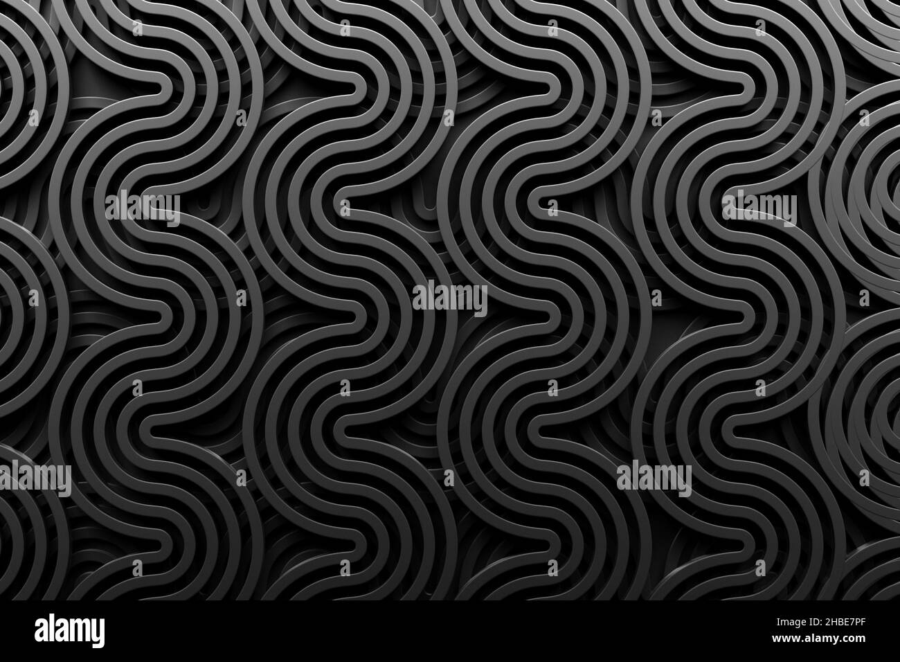 3d illustration of a classic black abstract background with wave lines ...