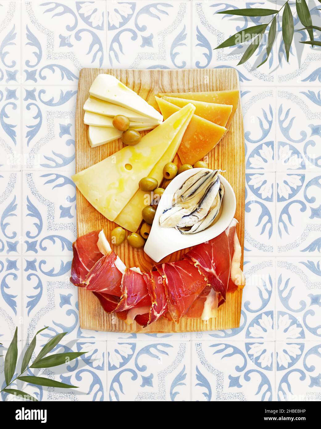 Natural balkan traditional food, Croatian plate. Ham, cheese sprinkled ...