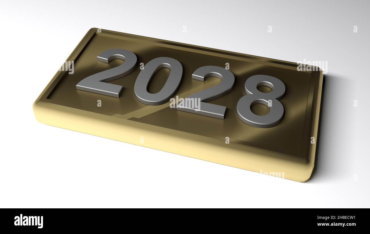 Metallic brass tag with the write 2028 chromed - 3D rendering ...