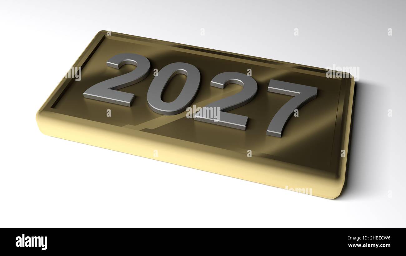 Metallic brass tag with the write 2027 chromed - 3D rendering ...
