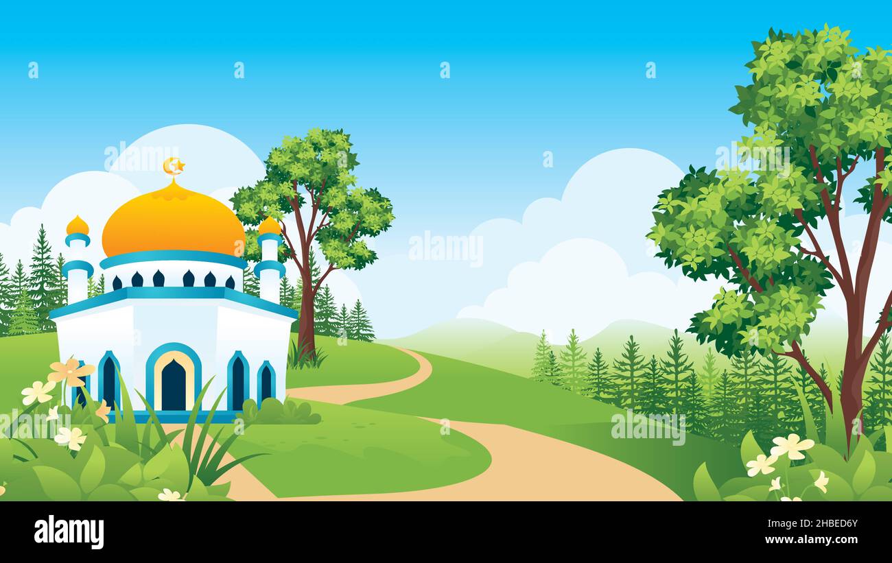Mosque with nature landscape, islamic landscape flat style illustration ...