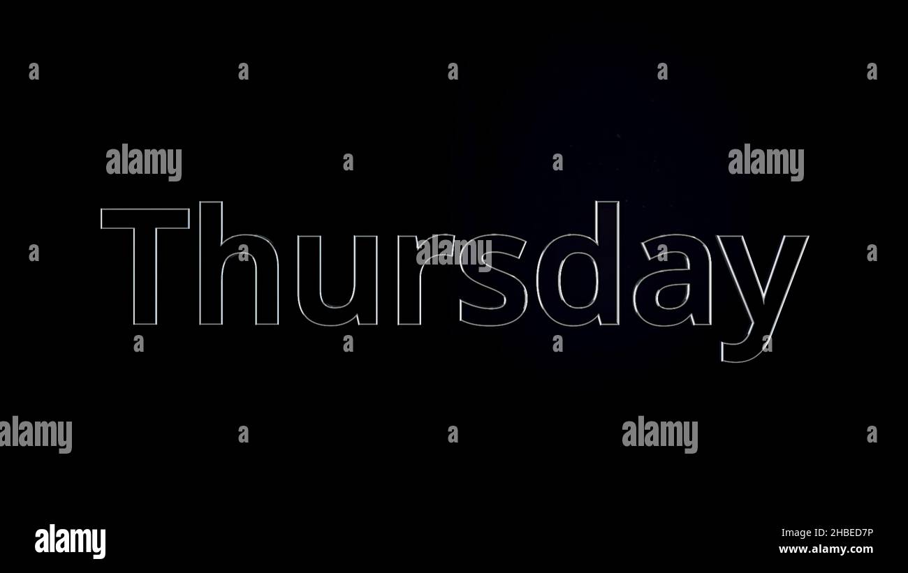 Day of the week thursday from capital letters of grey color, 3D. Word ...