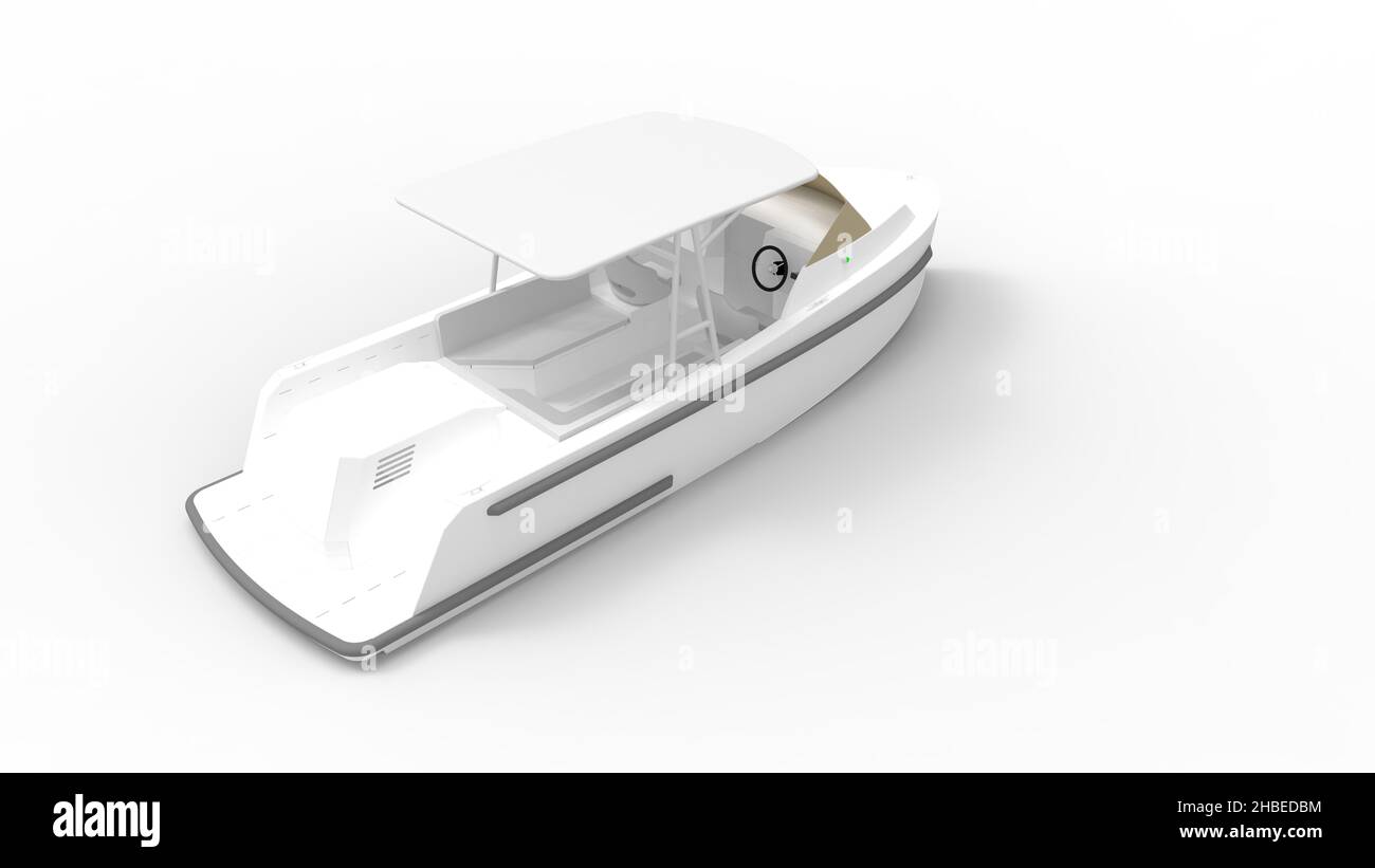 3D rendering of a small leisure motor boat yacht isolated in a white ...