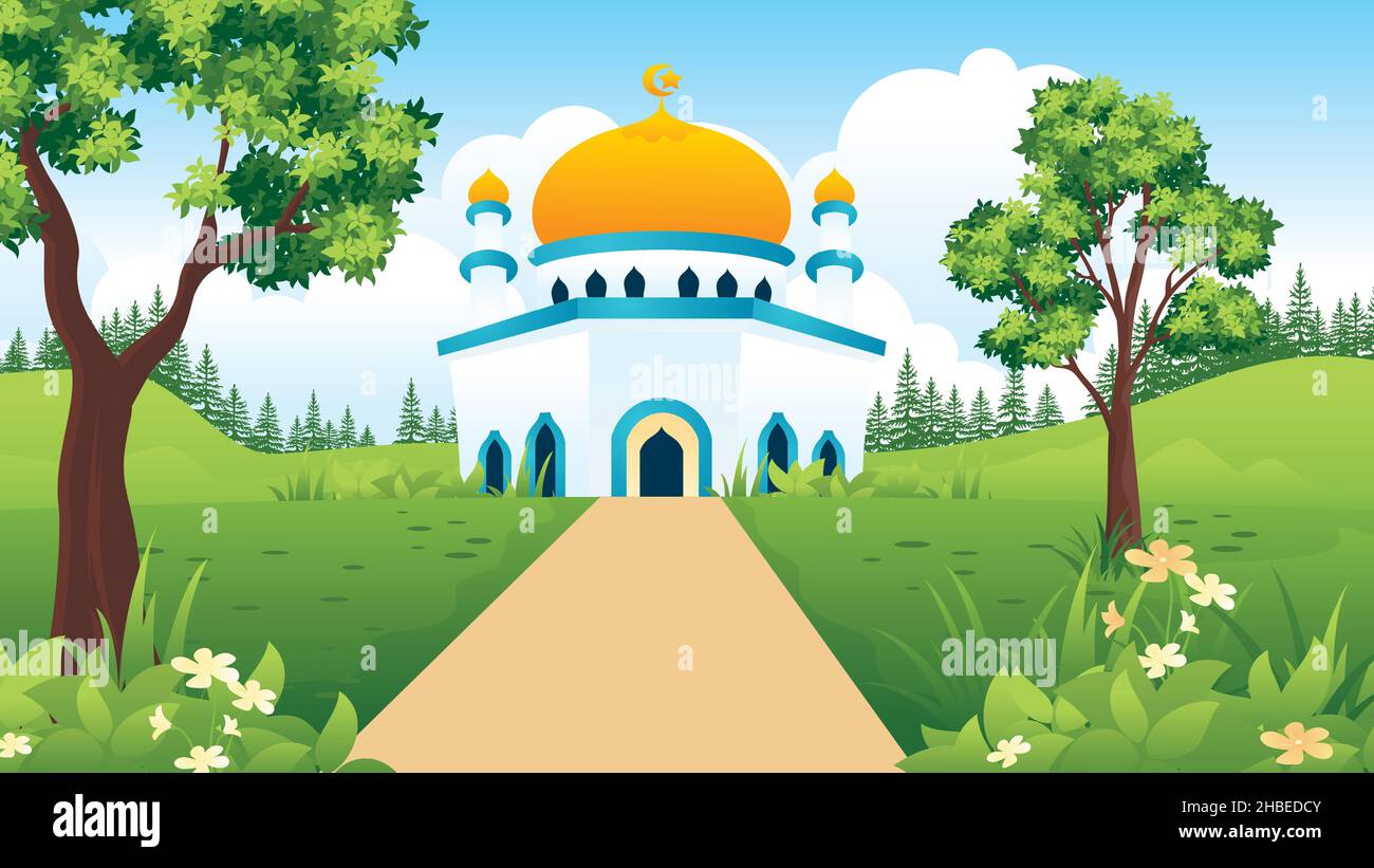 Mosque with nature landscape, islamic landscape flat style illustration ...