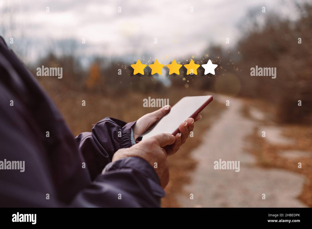 Customer review good rating concept.Excellent. Person using mobile ...