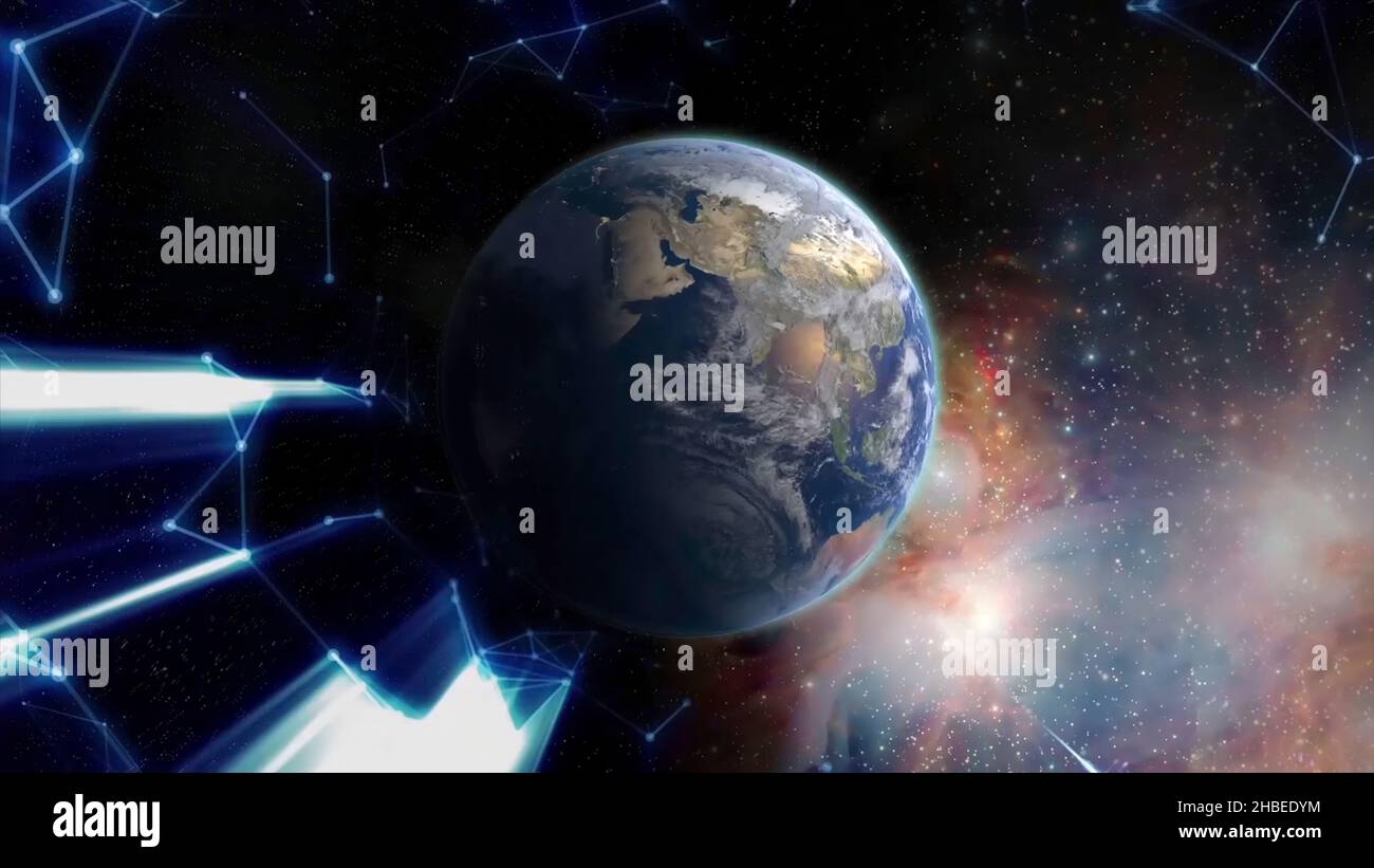 Incoming blue light moving toward spinning earth with trail light ...