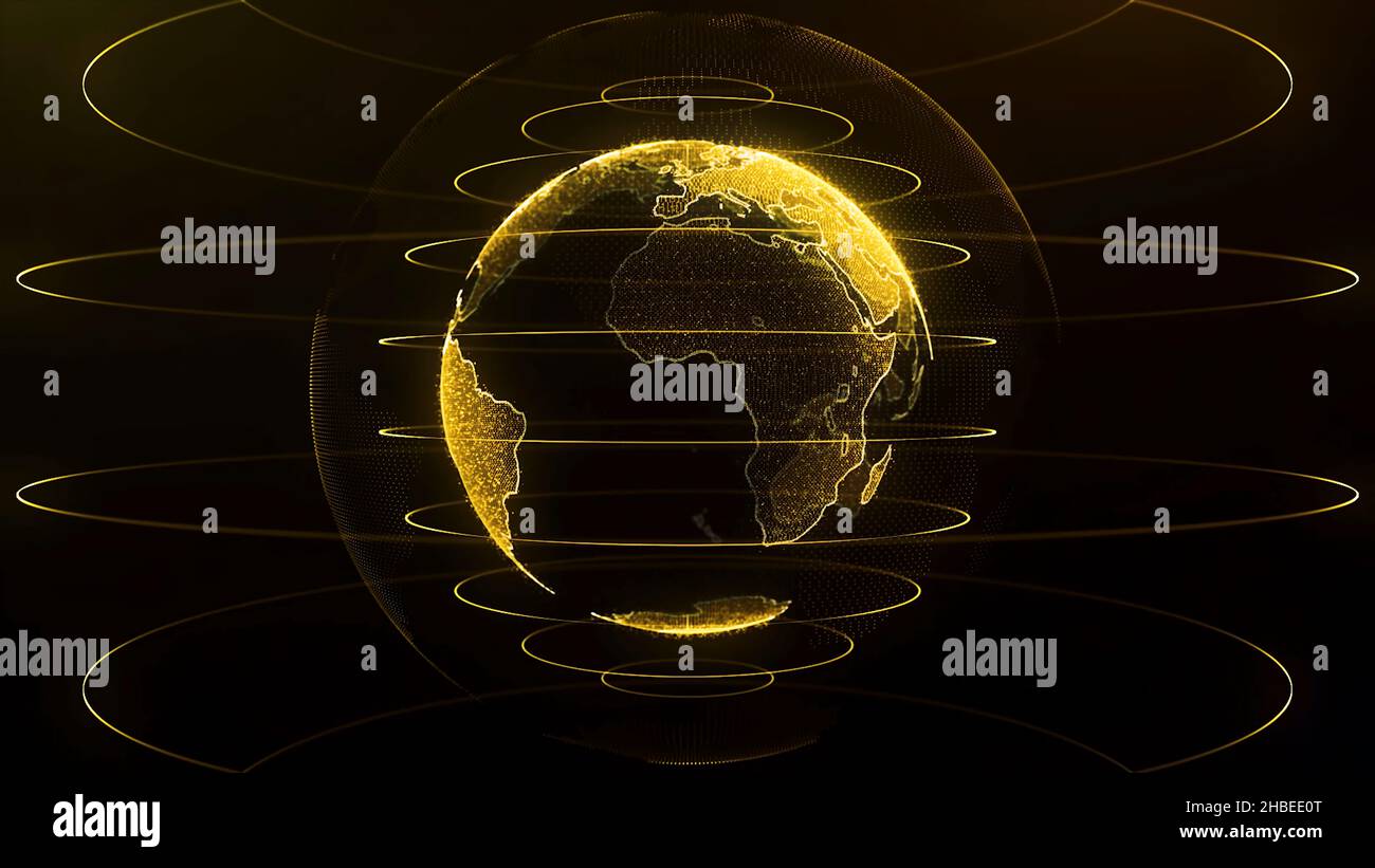 Spinning globe. Planet Earth as a orange glow hologram with power arc ...