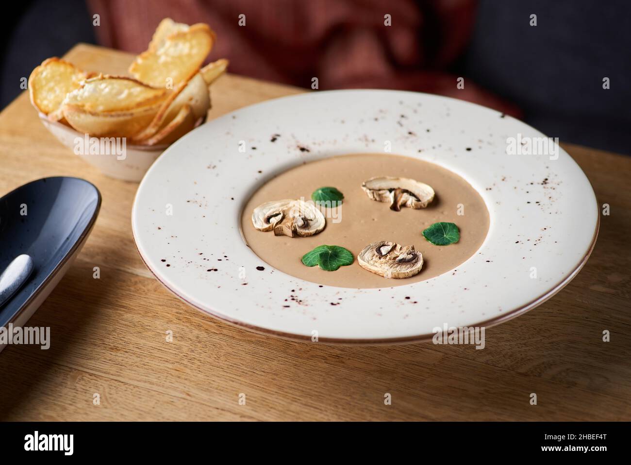 Vegetarian food. Mushroom soup puree with cream, porcini, champignons ...
