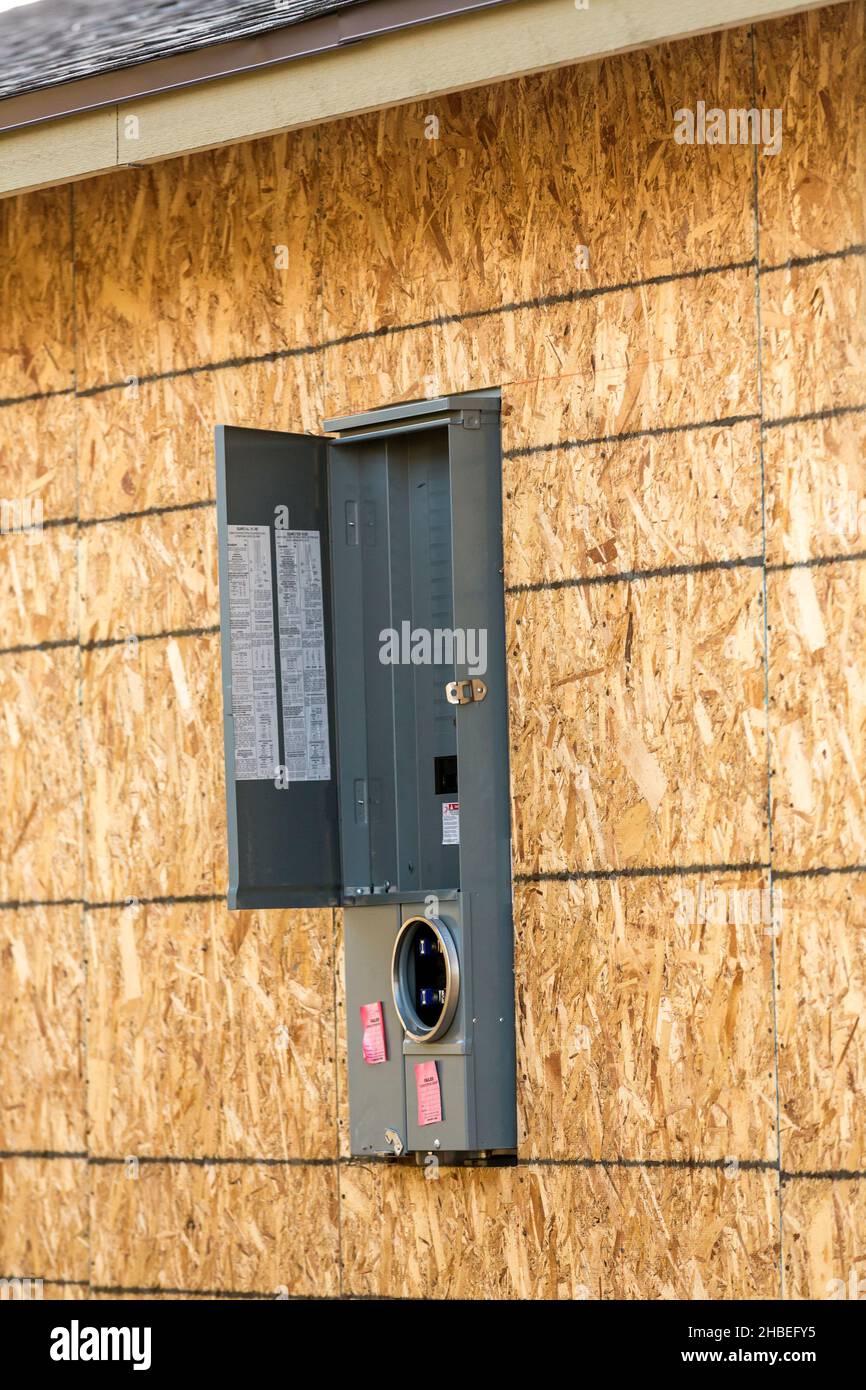 Electrical utilities and breaker box installed in a new plywood wall ...