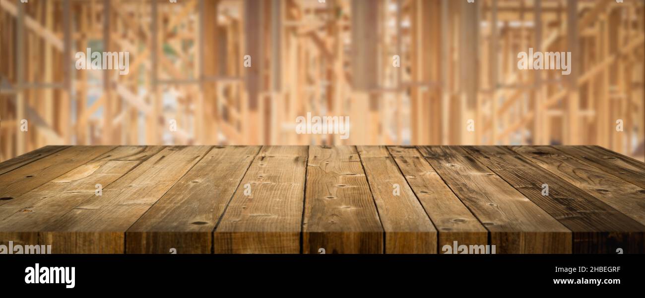 Empty Wood Table Surface Display Background with Construction Theme ...