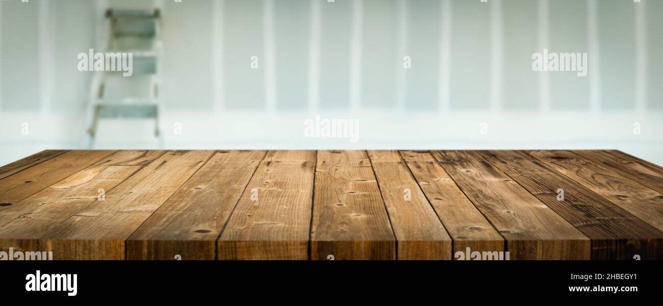 Empty Wood Table Surface Display Background with Construction Theme ...