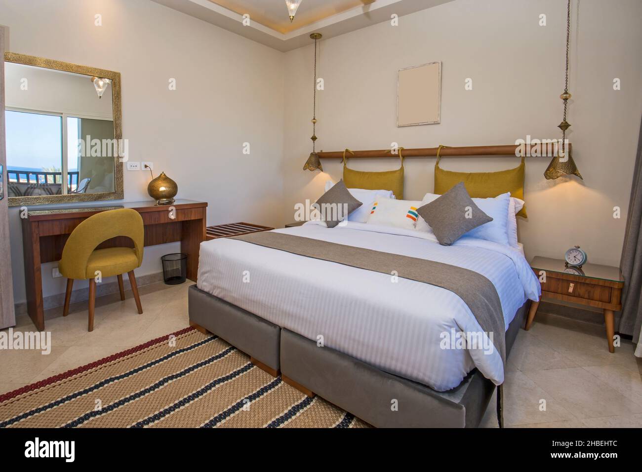 Interior design decor furnishing of luxury show home bedroom showing ...