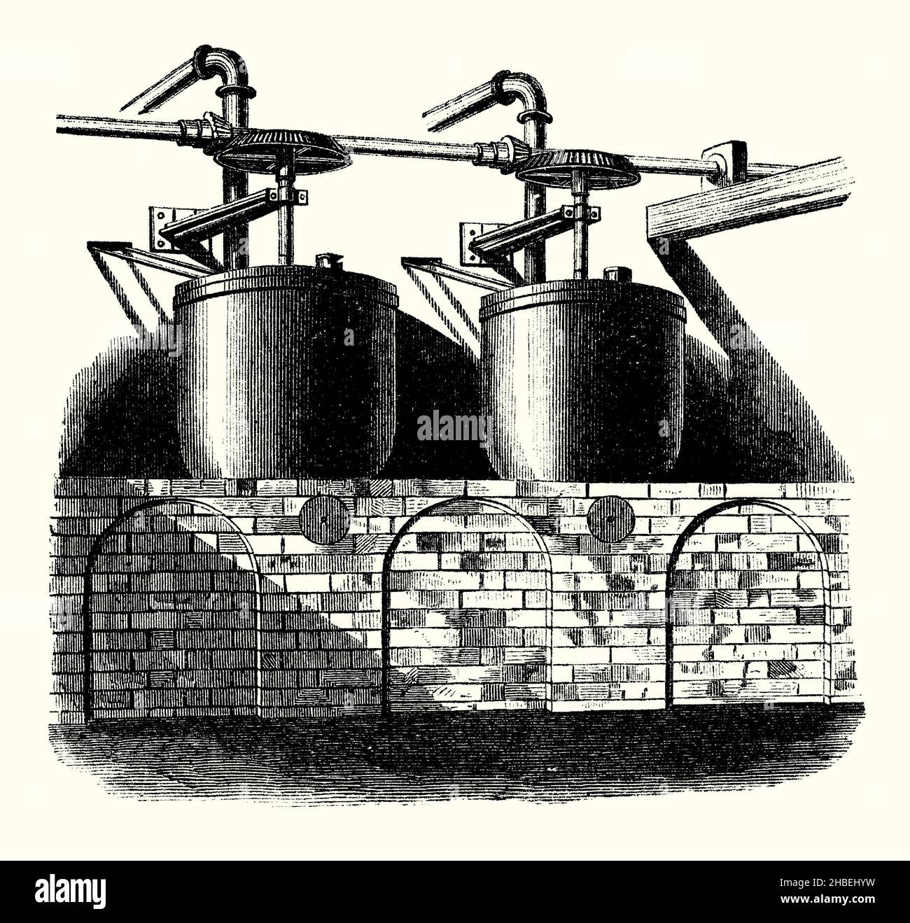 An old engraving showing the iron pots needed to manufacture ...