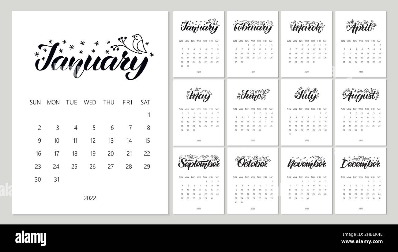 Vector Calendar Planner for 2022 Year with handdrawn lettering and ...