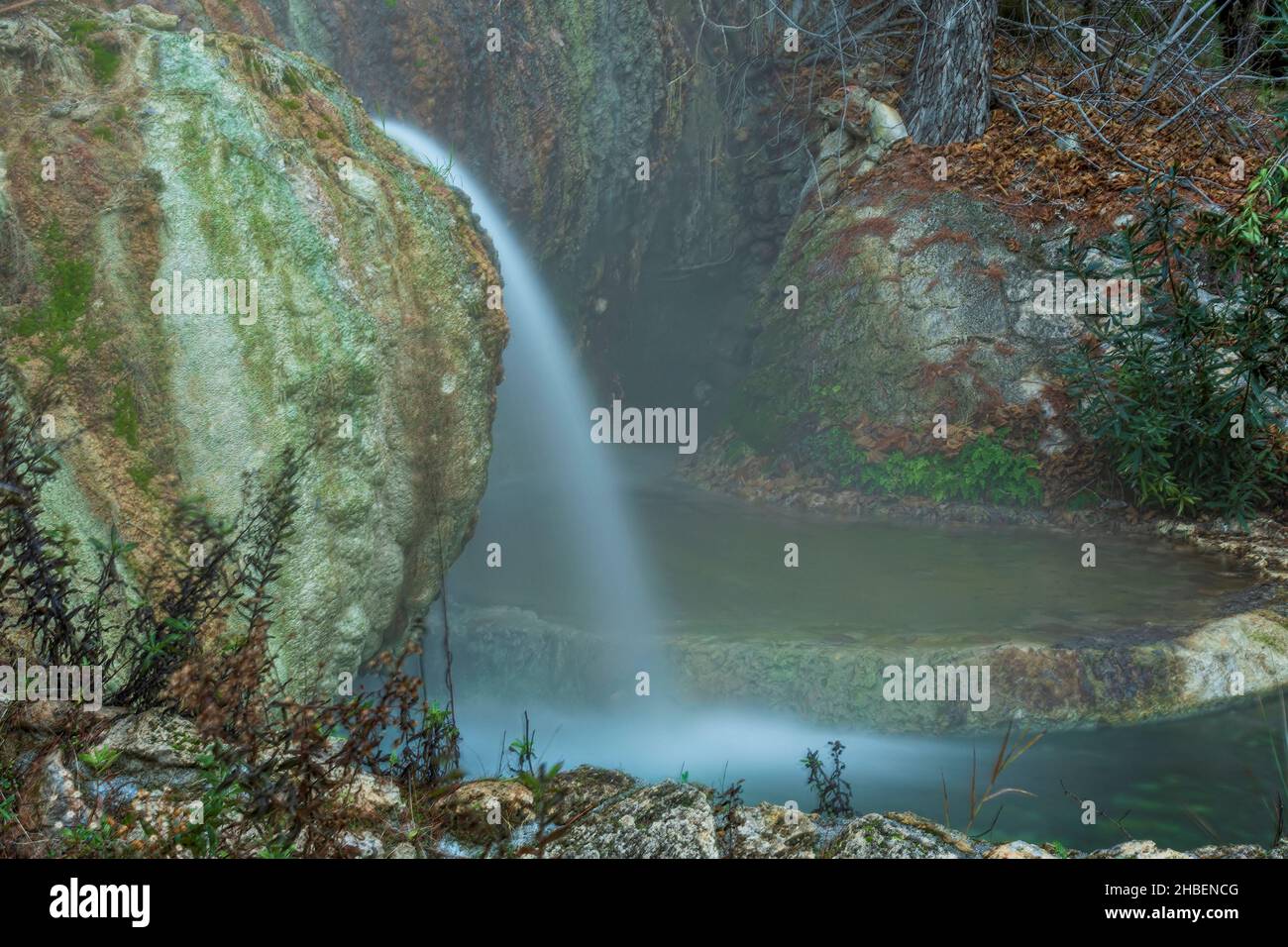 Thermal water cascade in the natural aqueduct of Villanueva Stock Photo ...