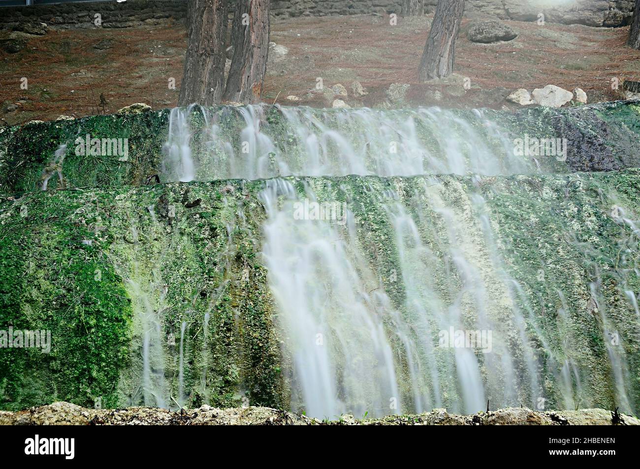 Thermal water cascade in the natural aqueduct of Villanueva Stock Photo ...