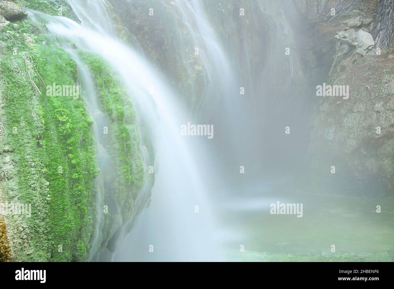 Thermal water cascade in the natural aqueduct of Villanueva Stock Photo ...