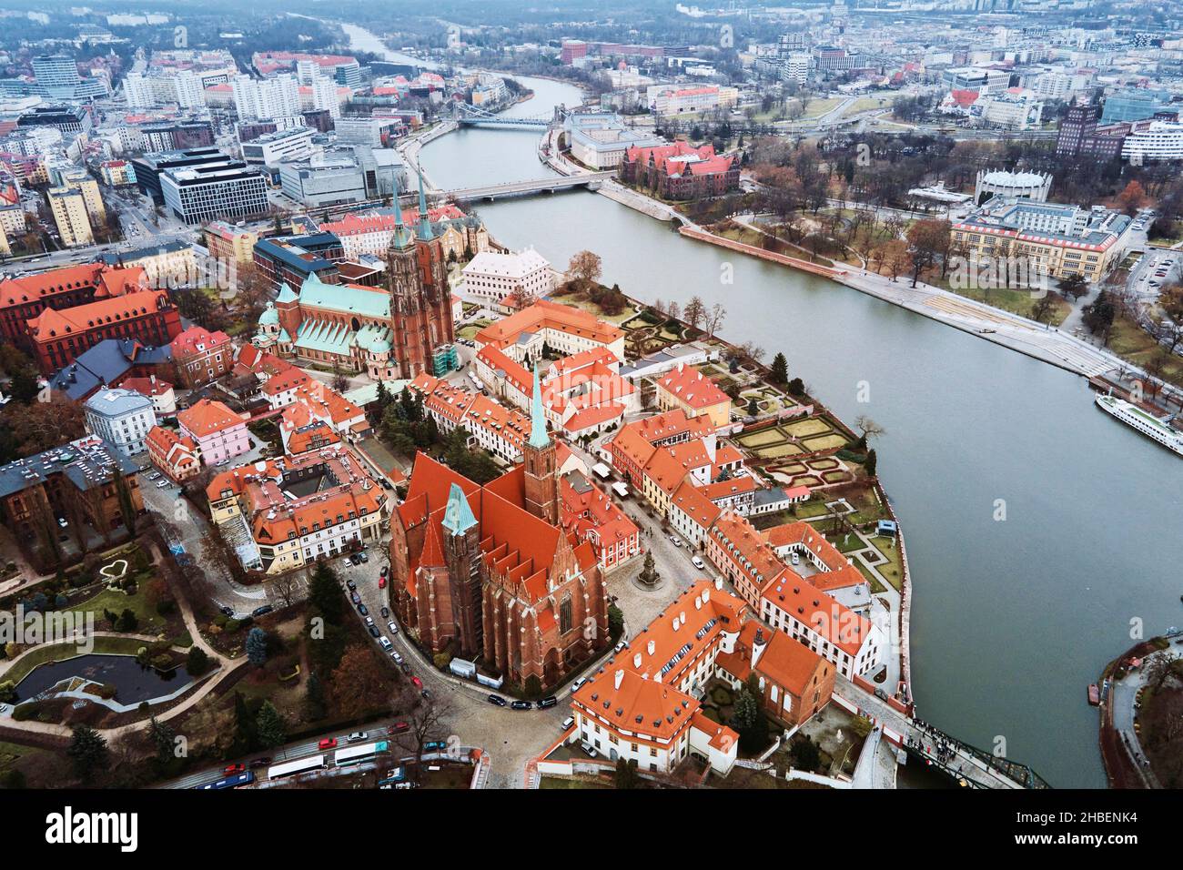Aerial view of Wroclaw cityscape panorama in Poland. Cathedral of St. John on Tumski island ...