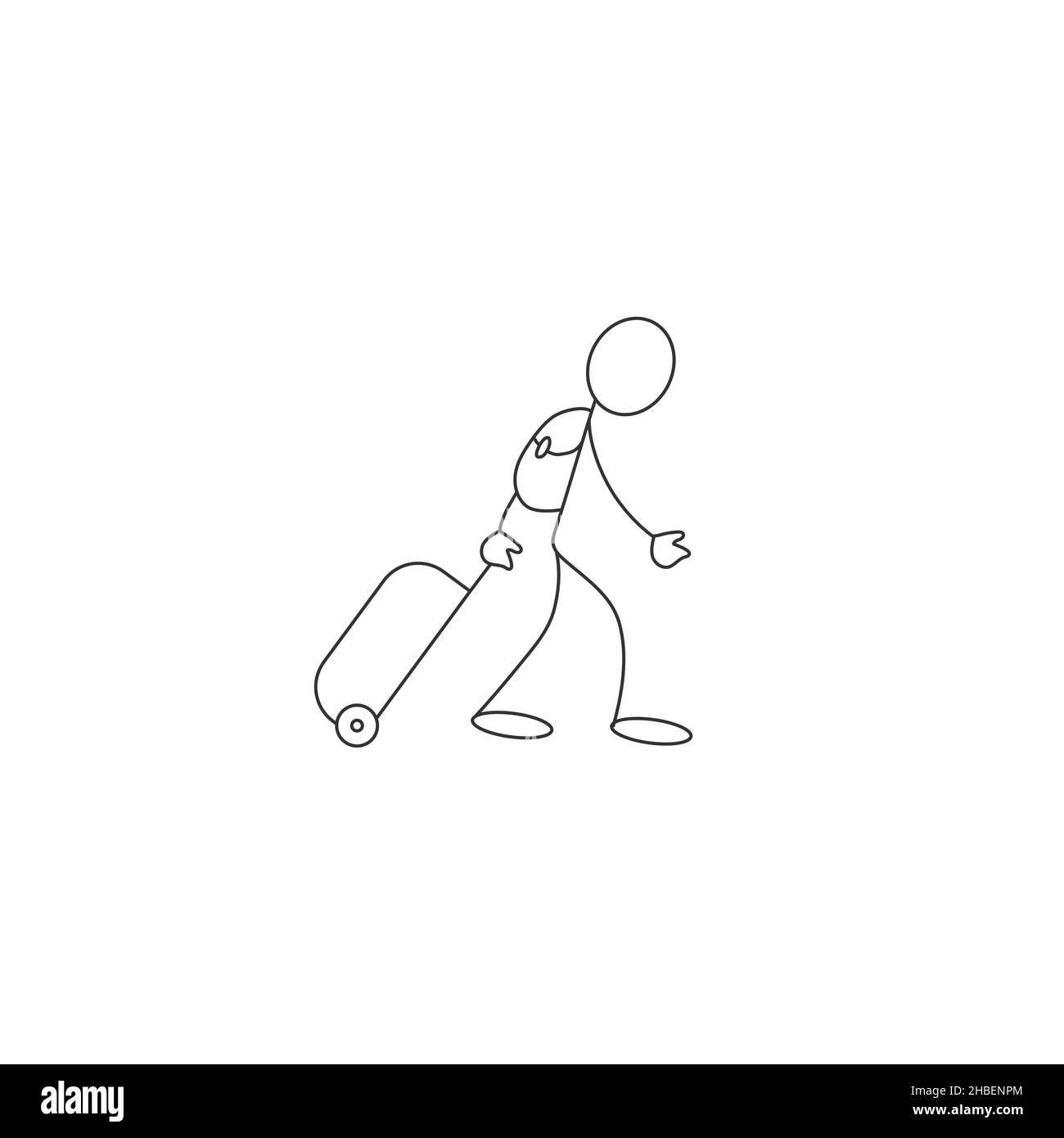Tourist man passenger with backpack and rolling bag stick figure icon ...