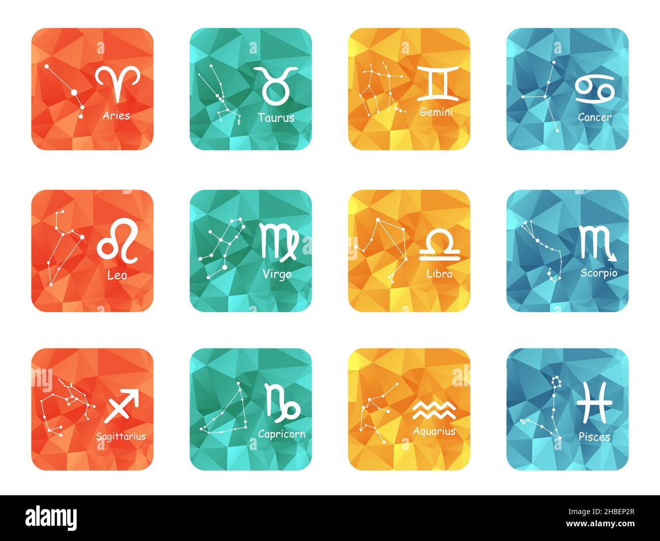 Zodiac sign symbols vector with captions on colorful buttons - twelve ...