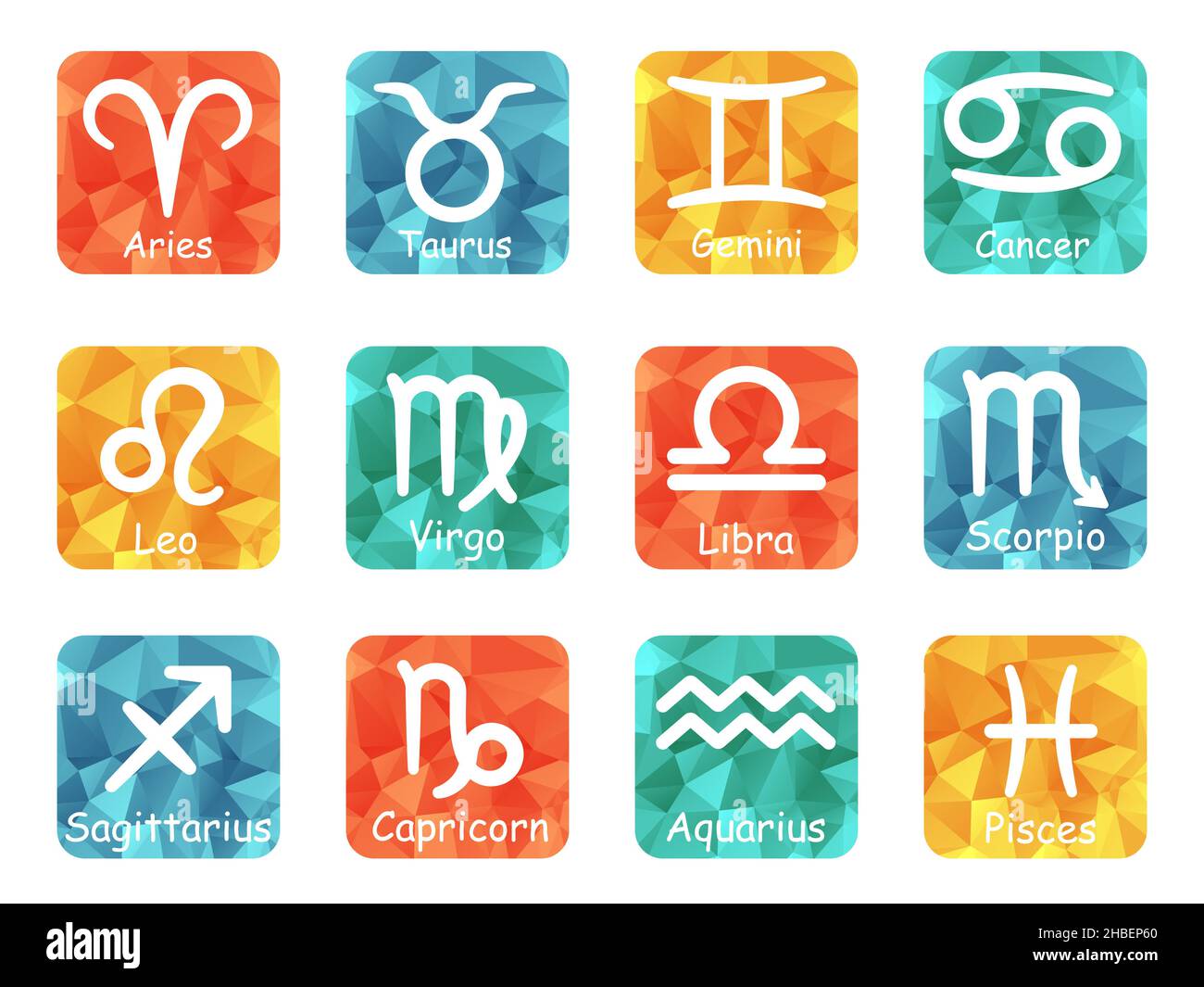 Zodiac sign symbols vector with captions on colorful buttons - twelve ...
