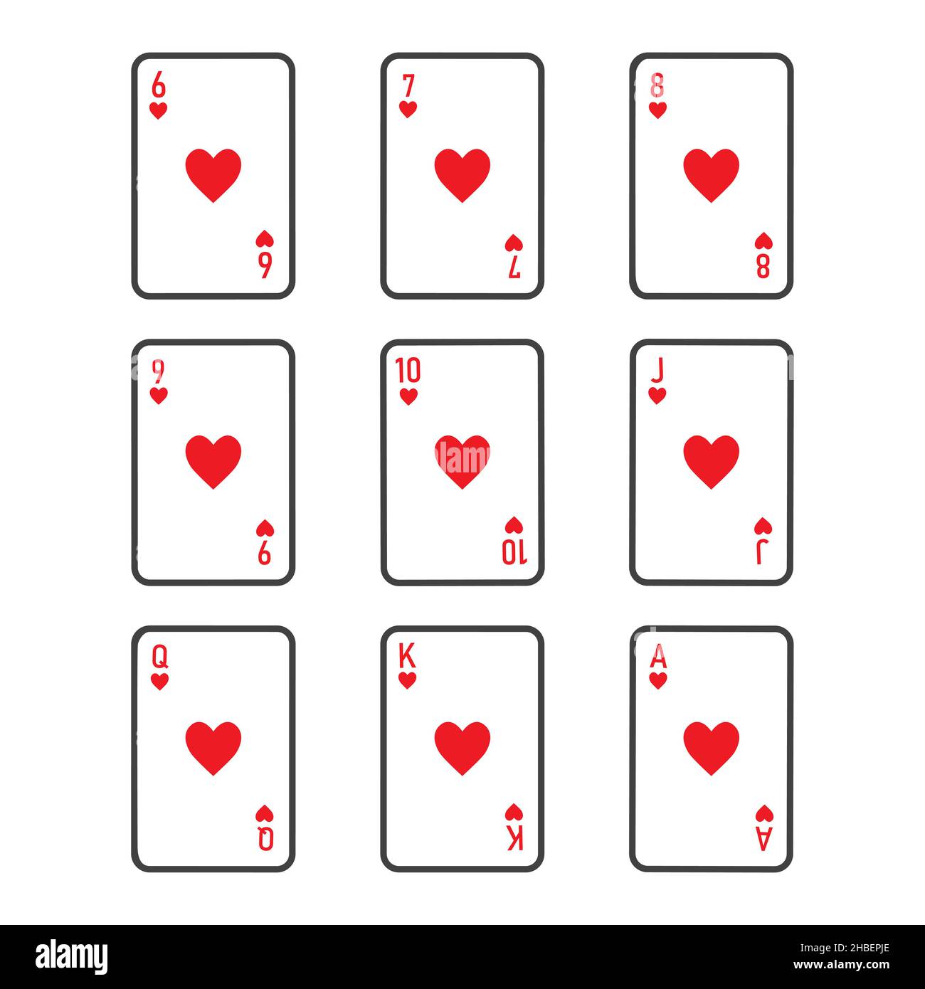 Playing poker cards flush of hearts from six to ace suit vector set ...
