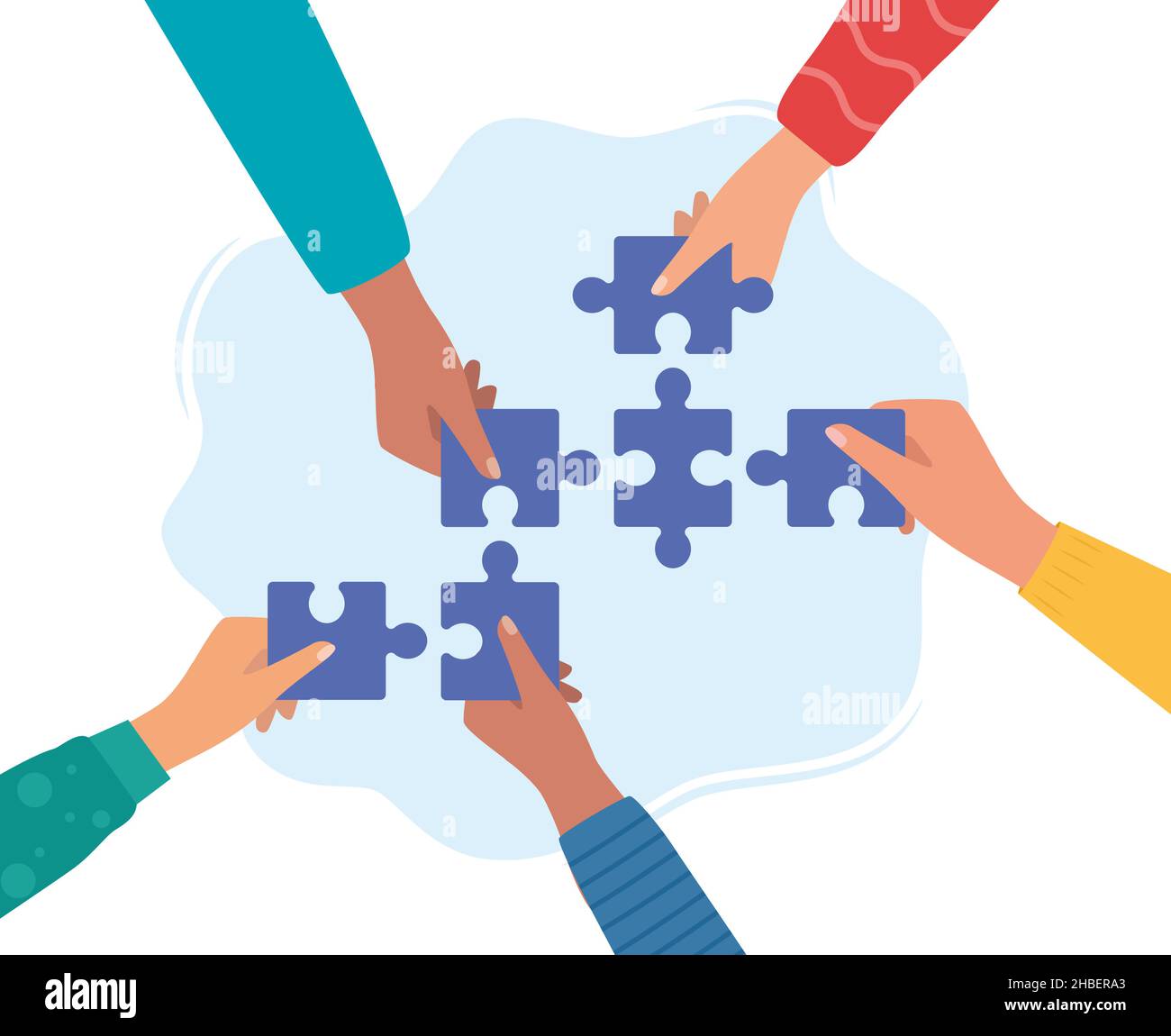 Five hands putting multicolor puzzle pieces together. Teamwork ...