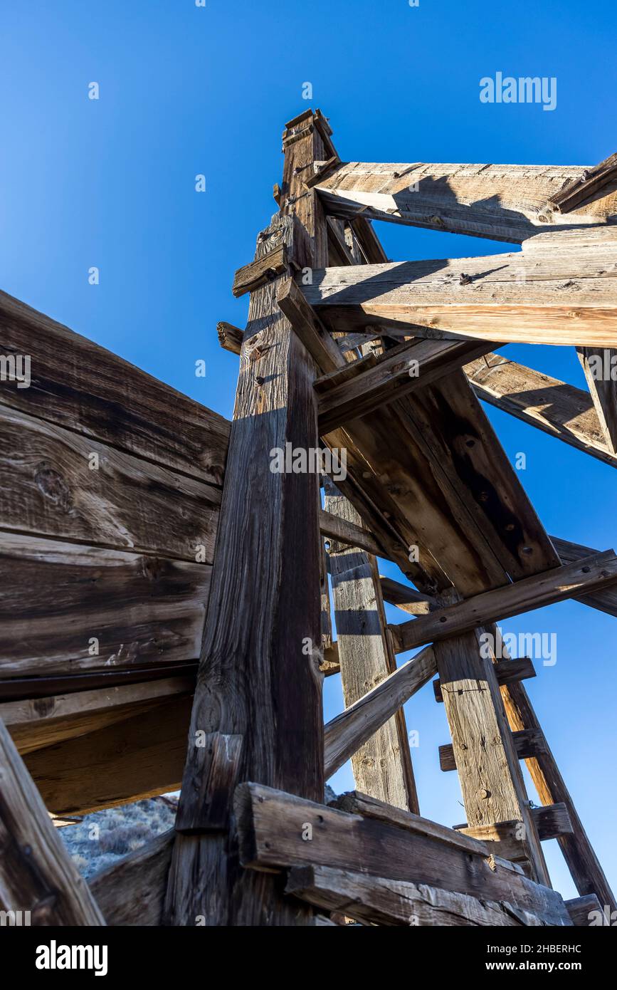 Low point of view looking up at an old mining headframe Stock Photo - Alamy