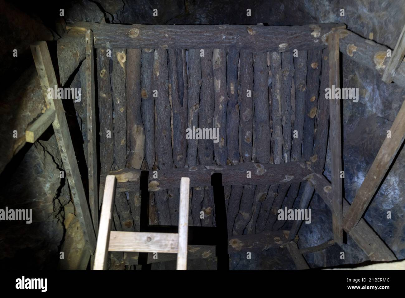 Ladder leads up to a timber platform inside a mine shaft Stock Photo ...