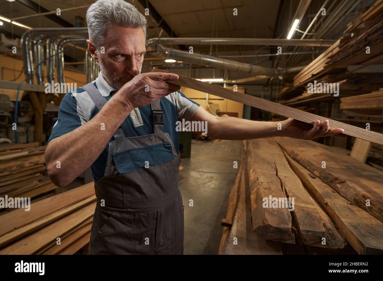 Professional male joiner checking quality of wood Stock Photo - Alamy