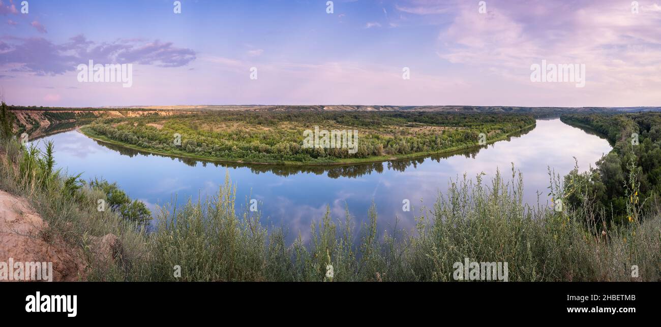 Aerial panoramic landscape with sunset over the river and beautiful ...