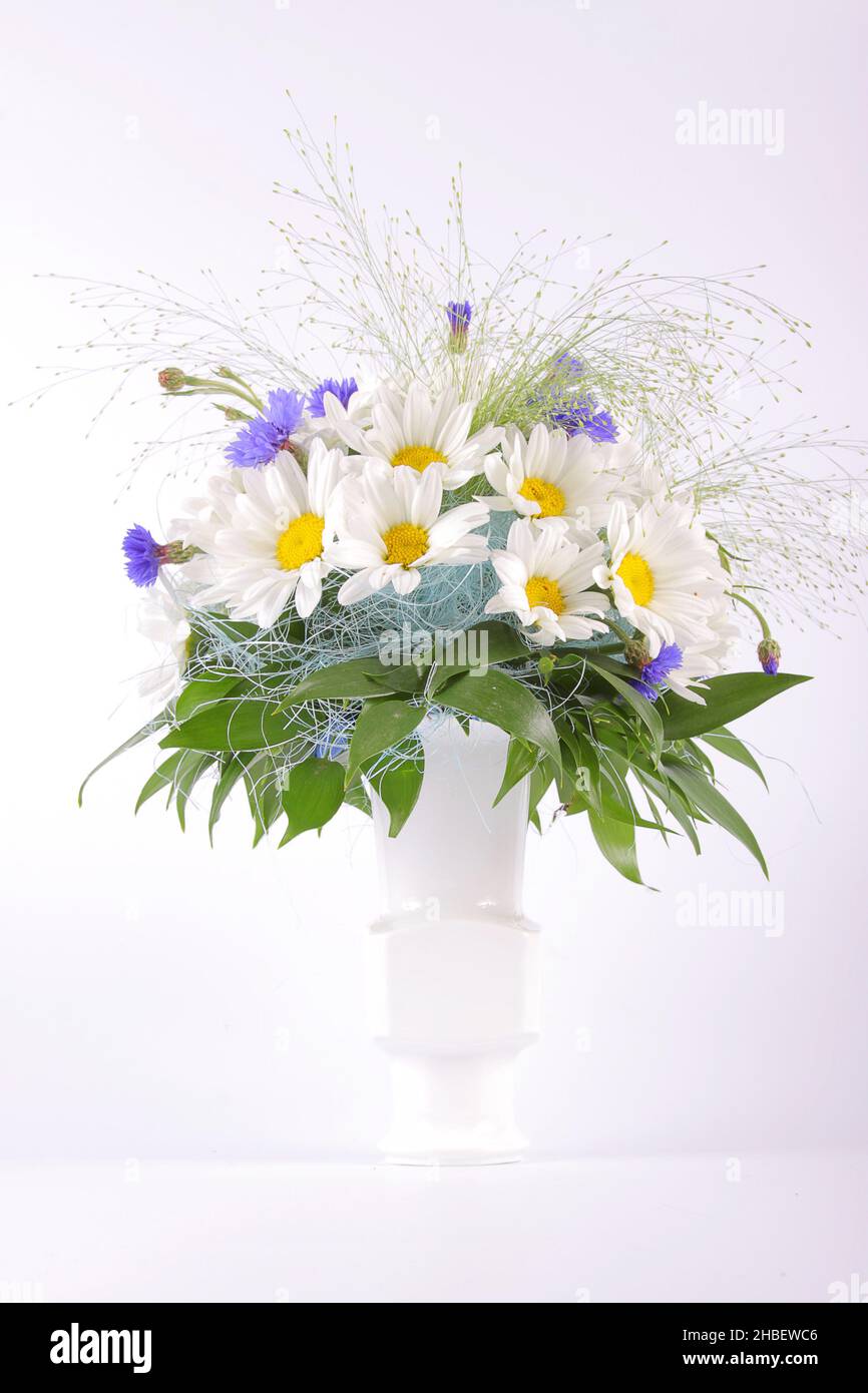 Bouquet of sentimental flowers of daisies and cornflowers on a light ...
