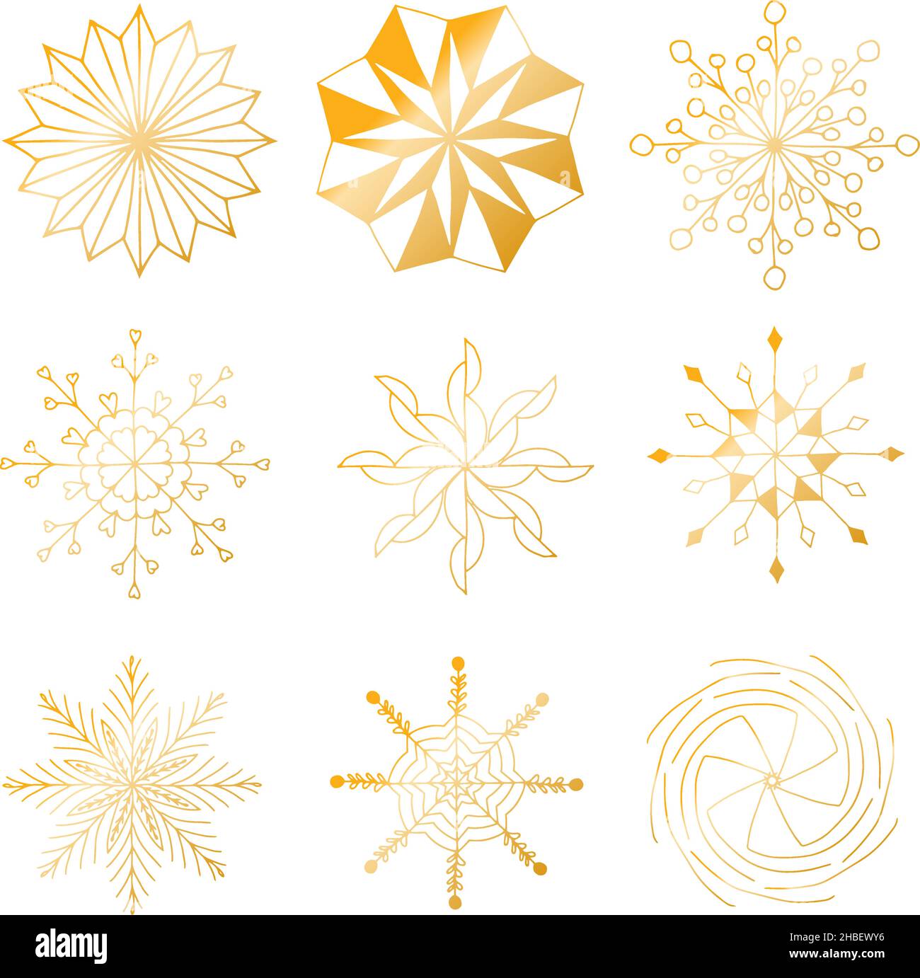 christmas set of golden snowflakes hand drawing vector illustration ...
